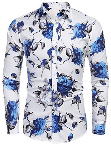 COOFANDY Men's Long Sleeve Dress Shirt - Casual Button Down (White & Blue, Large)