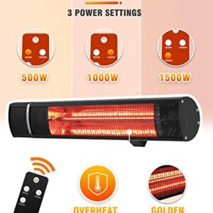 Electric Patio Heater, 1500W Outdoor Heater with 3 Power Settings, Infrared Heater with Remote Control, Overheat Protection, Wall Mounted Space Heater, In/Outdoor