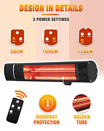 Electric Patio Heater, 1500W Outdoor Heater with 3 Power Settings, Infrared Heater with Remote Control, Overheat Protection, Wall Mounted Space Heater, In/Outdoor