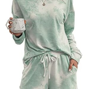 PRETTYGARDEN Women’s Tie Dye Printed Pajamas Set Long Sleeve Tops with Shorts Lounge Set Casual Two-Piece Sleepwear Green