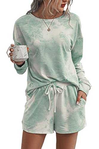 PRETTYGARDEN Women’s Tie Dye Printed Pajamas Set Long Sleeve Tops with Shorts Lounge Set Casual Two-Piece Sleepwear Green