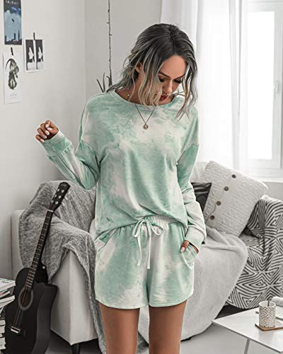 PRETTYGARDEN Women’s Tie Dye Printed Pajamas Set Long Sleeve Tops with Shorts Lounge Set Casual Two-Piece Sleepwear Green