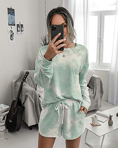 PRETTYGARDEN Women’s Tie Dye Printed Pajamas Set Long Sleeve Tops with Shorts Lounge Set Casual Two-Piece Sleepwear Green