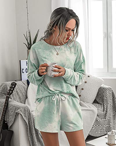 PRETTYGARDEN Women’s Tie Dye Printed Pajamas Set Long Sleeve Tops with Shorts Lounge Set Casual Two-Piece Sleepwear Green