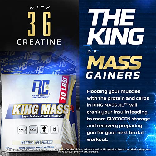 Ronnie Coleman Signature Series King Mass XL Mass Gainer Protein Powder, Muscle Gainer, 60g Protein, 180g Carbohydrates, 1,000+ Calories, Creatine and Glutamine, Vanilla Ice Cream, 10 Pound