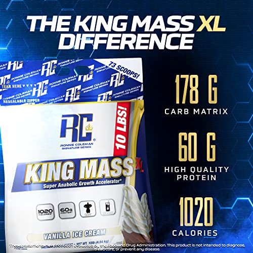 Ronnie Coleman Signature Series King Mass XL Mass Gainer Protein Powder, Muscle Gainer, 60g Protein, 180g Carbohydrates, 1,000+ Calories, Creatine and Glutamine, Vanilla Ice Cream, 10 Pound