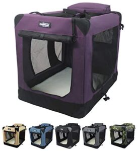 elitefield 3-door folding soft dog crate with carrying bag and fleece bed (2 year warranty), indoor & outdoor pet home (42" l x 28" w x 32" h, purple)