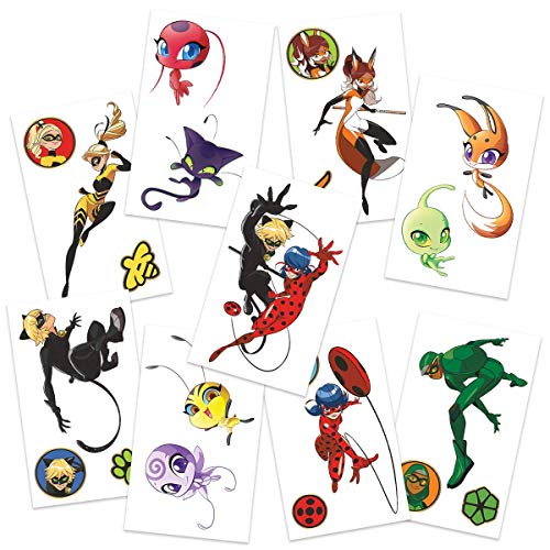 Miraculous Ladybug Temporary Tattoos | Pack of 9 | Ladybug - Cat Noir - Rena Rouge - Queen Bee - Carapace - Tikki - Plagg & more | MADE IN THE USA | Skin Safe | Party Supplies & Favors | Removable