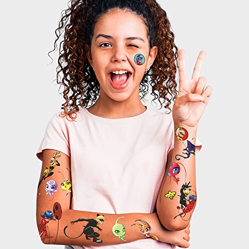 Miraculous Ladybug Temporary Tattoos | Pack of 9 | Ladybug - Cat Noir - Rena Rouge - Queen Bee - Carapace - Tikki - Plagg & more | MADE IN THE USA | Skin Safe | Party Supplies & Favors | Removable