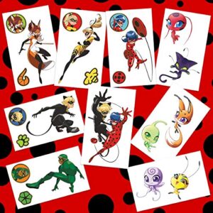 Miraculous Ladybug Temporary Tattoos | Pack of 9 | Ladybug - Cat Noir - Rena Rouge - Queen Bee - Carapace - Tikki - Plagg & more | MADE IN THE USA | Skin Safe | Party Supplies & Favors | Removable