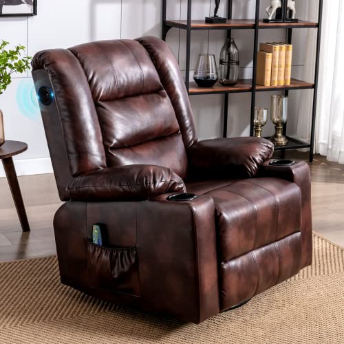 COMHOMA Massage Recliner Chair with Speaker Pu Leather Home Theater Recliner Chair with Heat Rocker Recliner with Heated Massage Ergonomic Lounge Swivel Cup Holder for Living Room Brown