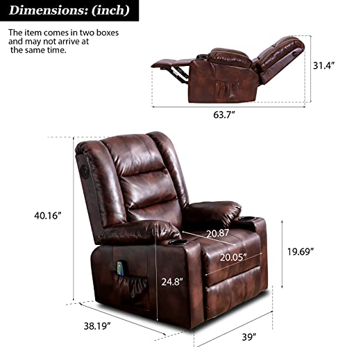 COMHOMA Massage Recliner Chair with Speaker Pu Leather Home Theater Recliner Chair with Heat Rocker Recliner with Heated Massage Ergonomic Lounge Swivel Cup Holder for Living Room Brown