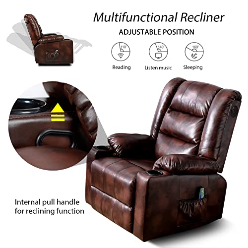 COMHOMA Massage Recliner Chair with Speaker Pu Leather Home Theater Recliner Chair with Heat Rocker Recliner with Heated Massage Ergonomic Lounge Swivel Cup Holder for Living Room Brown