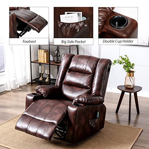 COMHOMA Massage Recliner Chair with Speaker Pu Leather Home Theater Recliner Chair with Heat Rocker Recliner with Heated Massage Ergonomic Lounge Swivel Cup Holder for Living Room Brown