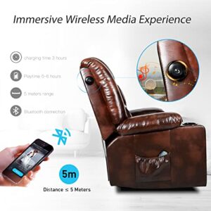 COMHOMA Massage Recliner Chair with Speaker Pu Leather Home Theater Recliner Chair with Heat Rocker Recliner with Heated Massage Ergonomic Lounge Swivel Cup Holder for Living Room Brown