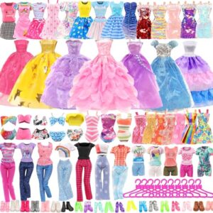 48 pcs doll clothes and accessories 3 pcs fashion dresses 3 tops 3 pants 3 pcs party dresses 2 sets swimsuits bikini 6 braces skirt 6 necklace 10 hangers and 15 pcs shoes for 11.5 inch doll