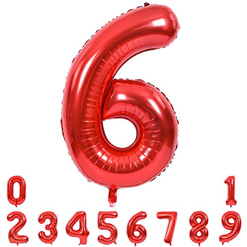 TONIFUL 40 Inch Red Large Numbers Balloons 0-9, Number 6 Digit 6 Helium Balloons, Foil Mylar Big Number Balloons for Birthday Party Anniversary Supplies Decorations