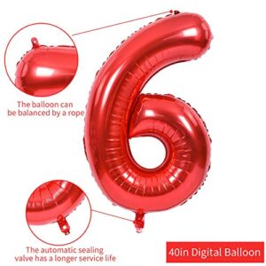 TONIFUL 40 Inch Red Large Numbers Balloons 0-9, Number 6 Digit 6 Helium Balloons, Foil Mylar Big Number Balloons for Birthday Party Anniversary Supplies Decorations