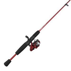 zebco slingshot spinning reel and fishing rod combo, 6-foot 2-piece fishing pole, size 20 reel, changeable right- or left-hand retrieve, pre-spooled with 8-pound zebco cajun line, red