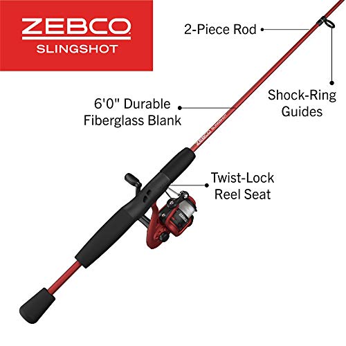 Zebco Slingshot Spinning Reel and Fishing Rod Combo, 6-Foot 2-Piece Fishing Pole, Size 20 Reel, Changeable Right- or Left-Hand Retrieve, Pre-Spooled with 8-Pound Zebco Cajun Line, Red