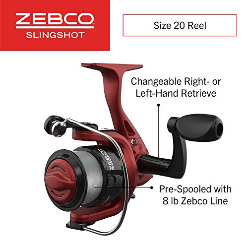 Zebco Slingshot Spinning Reel and Fishing Rod Combo, 6-Foot 2-Piece Fishing Pole, Size 20 Reel, Changeable Right- or Left-Hand Retrieve, Pre-Spooled with 8-Pound Zebco Cajun Line, Red