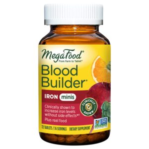 megafood blood builder minis - iron supplement clinically shown to increase iron levels without side effects - iron with vitamin c, vitamin b12 & folic acid - vegan - 72 tablets (36 servings)