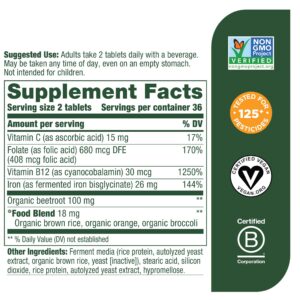 MegaFood Blood Builder Minis - Iron Supplement Clinically Shown to Increase Iron Levels Without Side Effects - Iron with Vitamin C, Vitamin B12 & Folic Acid - Vegan - 72 Tablets (36 Servings)