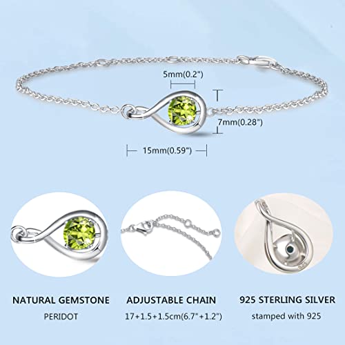 FANCIME Peridot Bracelet for Women August Birthstone Sterling Silver Infinity Link Bracelet Green Gemstone Fine Jewelry Birthday Anniversary Graduation Gifts for Her Women Girls, 6.7+1.2"