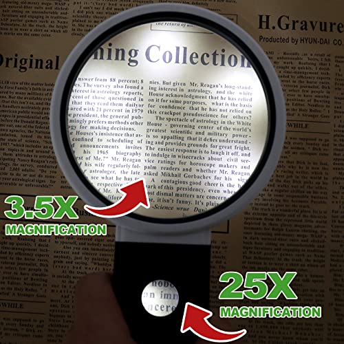 Magnifying Glass with Light, DEYUE 3.5X 25X High Magnification with LED Illuminated, Handheld or Stand Magnifying Glass for Reading, Inspection