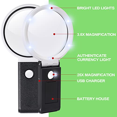 Magnifying Glass with Light, DEYUE 3.5X 25X High Magnification with LED Illuminated, Handheld or Stand Magnifying Glass for Reading, Inspection