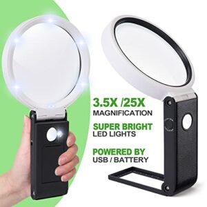 Magnifying Glass with Light, DEYUE 3.5X 25X High Magnification with LED Illuminated, Handheld or Stand Magnifying Glass for Reading, Inspection