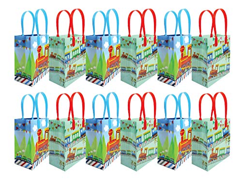 TINYMILLS Train Party Favor Bags Treat Bags Kids Birthday Party Goody Bags with Handles for Boys Girls, 12 Pack Chugga Chugga Two Two Party