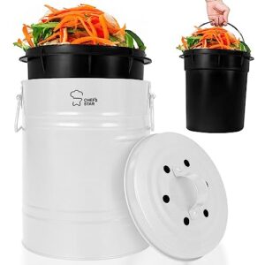 chef's star countertop compost bin for kitchen, indoor compost bin for kitchen counter, small composter for kitchen counter, with charcoal filter, airtight lid, 0.8 gallon compost pail, white