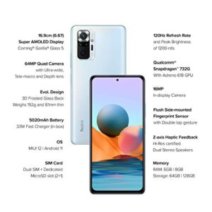 redmi Xiaomi Note 10 Pro 4G Volte 128GB + 6GB Factory Unlocked 6.67" 64MP Quad Camera Night Mode (not Verizon Sprint Boost Cricket) (w/Fast Car Charger Bundle) (Glacial Blue)