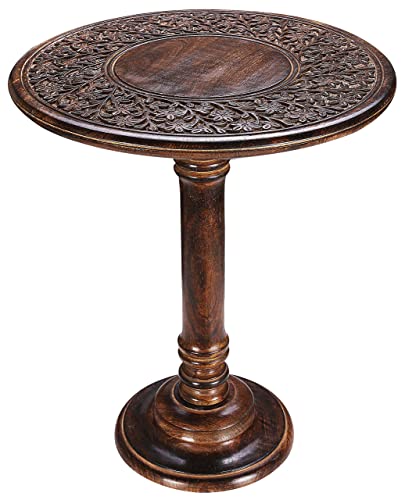 Round End Table,Small Table,Side Table, Side Tables Living Room,End Table,Round Side Table,Altar Table, Carved Side Table,Wood Accent Table,Carved Wood Table Single Pillar 18x22 inch Burnt