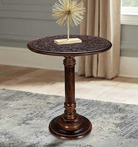 Round End Table,Small Table,Side Table, Side Tables Living Room,End Table,Round Side Table,Altar Table, Carved Side Table,Wood Accent Table,Carved Wood Table Single Pillar 18x22 inch Burnt