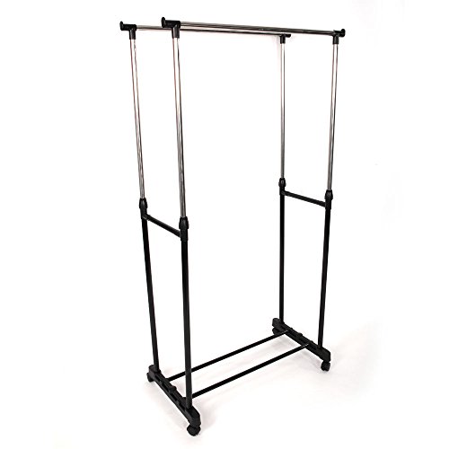 Guangshuohui Clothes Garment Rack, Double Rod Closet Double Rail Clothing Rolling Rack on Wheels and Bottom Shelves, Black & Silver (B)