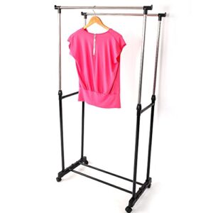 Guangshuohui Clothes Garment Rack, Double Rod Closet Double Rail Clothing Rolling Rack on Wheels and Bottom Shelves, Black & Silver (B)