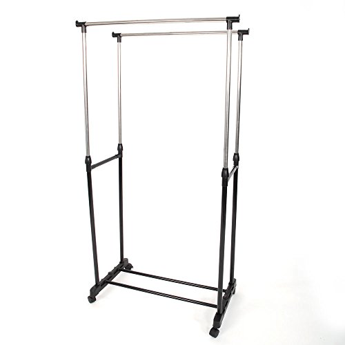 Guangshuohui Clothes Garment Rack, Double Rod Closet Double Rail Clothing Rolling Rack on Wheels and Bottom Shelves, Black & Silver (B)