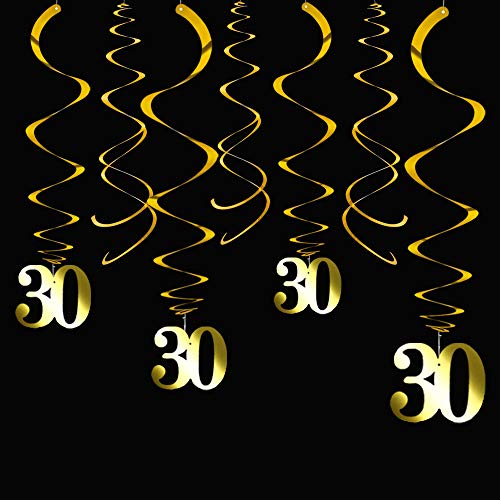 Aimto Gold 30 Party Swirl Birthday Decorations-Foil Ceiling Hanging Swirl for 30th Birthday Party Decorations 30th Anniversary - Pack of 20