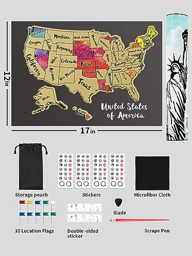 JARLINK Scratch Off USA Map Poster, 12x17 inches United States Map with Unique Accessories Set, Personalized Travel Poster, Gift for Travelers