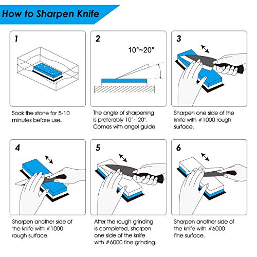 PHYEX Knife Sharpening Stone, Combination Dual Sided 1000/6000, with Non Slip Base, Flattening Stone & Angle Guide