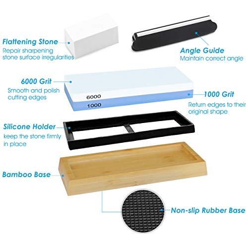 PHYEX Knife Sharpening Stone, Combination Dual Sided 1000/6000, with Non Slip Base, Flattening Stone & Angle Guide