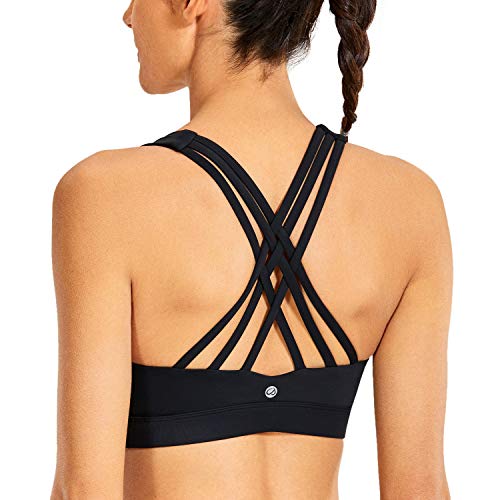 CRZ YOGA Women's Strappy Sports Bra Full Coverage Padded Full Size Criss Cross Workout Yoga Bra Tops Black-Full Size 36C