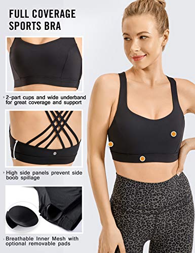 CRZ YOGA Women's Strappy Sports Bra Full Coverage Padded Full Size Criss Cross Workout Yoga Bra Tops Black-Full Size 36C