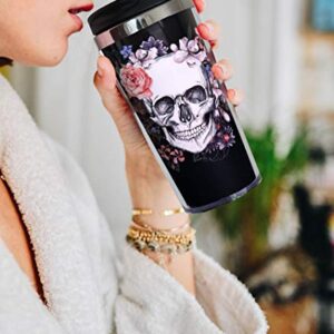 CUAJH Skull Flower Travel Coffee Mug, Personalized Coffee Tumbler with Wrap and Lid, Stainless Lined for Women Men, 14 OZ