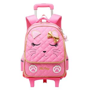 mitowermi cute rolling backpack for girls trolley school bags cat-face print wheeled backpacks kids carry-on travel luggage