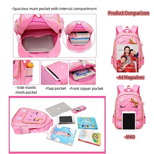 MITOWERMI Cute Rolling Backpack for Girls Trolley School Bags Cat-face Print Wheeled Backpacks Kids Carry-on Travel Luggage