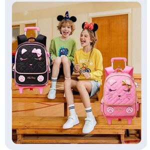 MITOWERMI Cute Rolling Backpack for Girls Trolley School Bags Cat-face Print Wheeled Backpacks Kids Carry-on Travel Luggage