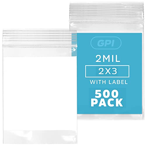 2Mil Small Plastic Bags 2 x 3 inches, 500 Pack Zip Bags, Write on White Block, Reclosable Zipper Small Plastic Storage Baggies GPI Brand, for Daily Vitamin, Pill, Jewelry, Candy